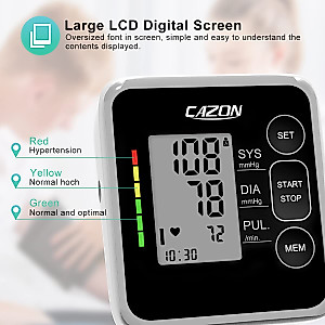 CAZON Blood Pressure Monitor Cuff Upper Arm Automatic BP Machine Digital Home Blood Pressure Monitoring Meter 2x100 Memory Hypertension Detector