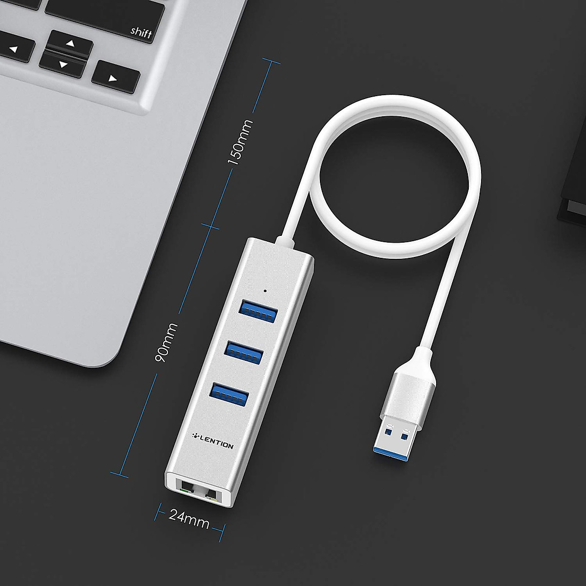 LENTION 3-Port USB 3.0 Hub with Gigabit Ethernet Adapter Compatible MacBook Air/Pro (Previous Generation), iMac, Surface, Chromebook, More Type A Laptops - Ultra Slim (CB-H23s-0.5M, Silver)