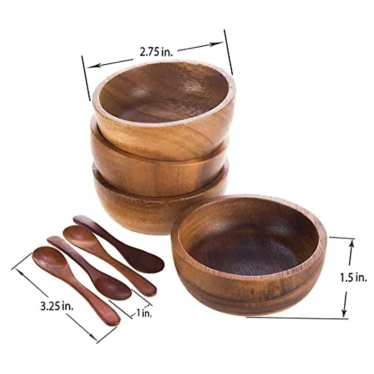 MINIATURE DOLL SIZE Tiny 2¾" Dia Acacia Calabash Wood Bowl for Condiments, Dip Sauce, Nuts, Ketchup, Jam, Herb, Prep, Olive, Salsa, Round Wooden Brown Bowl 2.75"x1.5" H Set of 4 (FREE 4 Wood Spoons)