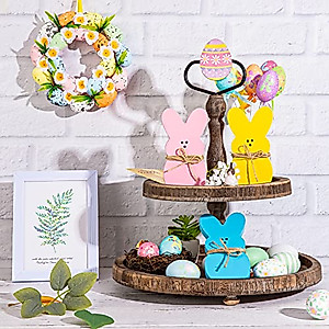 Whaline 3Pcs Easter Bunny Wood Sign Pink Blue Yellow Easter Rabbit Table Centerpiece with 32.8ft Jute Rope Freestanding Bunny Tabletop Tiered Tray Decor for Spring Birthday Home Farmhouse Party