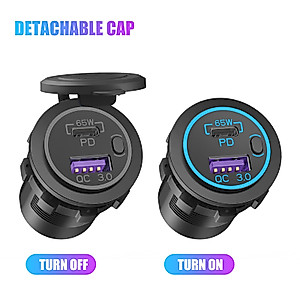 Boostable 12V USB C Outlet 65W PD3.0 Port and 18W Quick Charge 3.0 Car USB Charger Socket for Laptops Tablets Phones, Waterproof 12V/24V Socket with Power Switch for Car Marine Boat Motorcycle RV