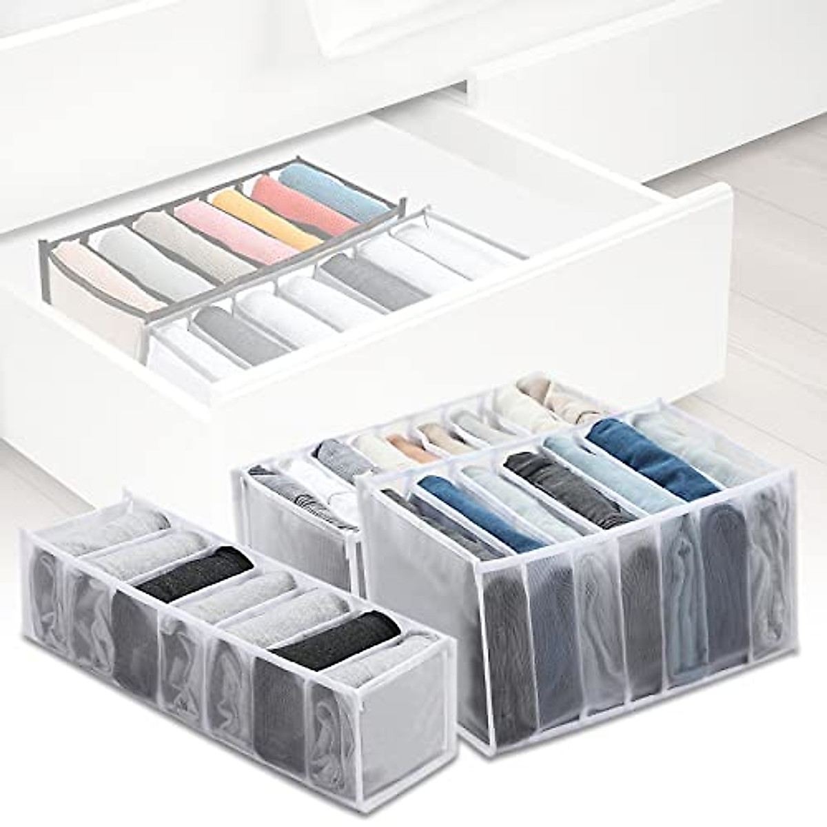 Evankin 3PCS Wardrobe Clothes Organizer - Drawer & Closet Storage Organizer - Nylon Mesh Organizer - 3-Kinds of Size for Jeans, Leggings, Shirts (White)