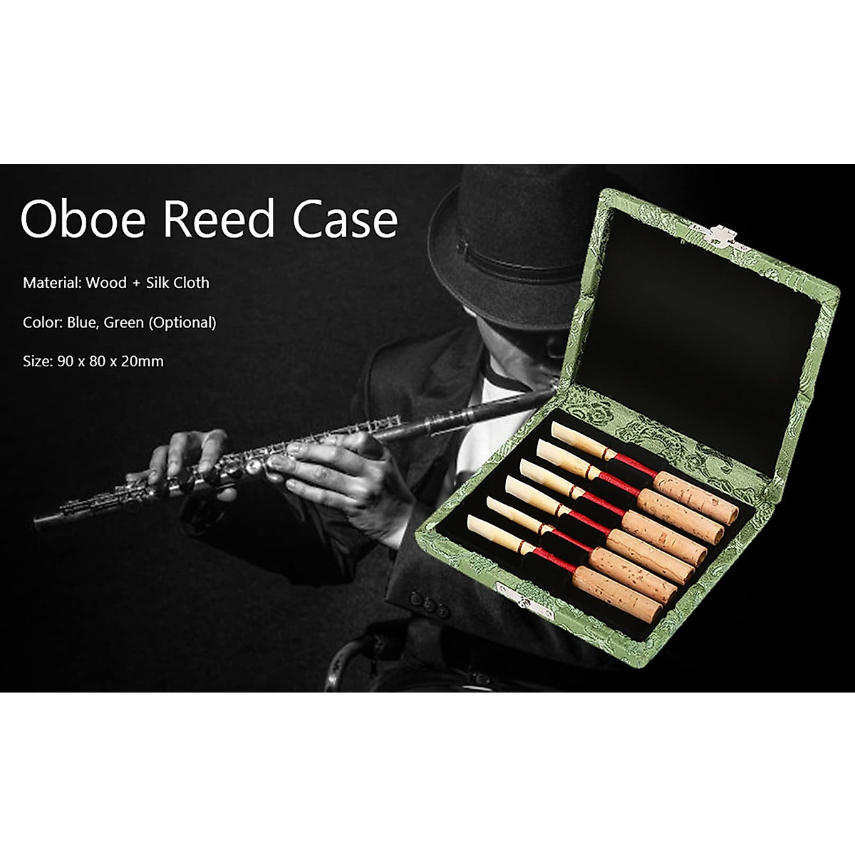 Oboe Reed Case,Protect Against Moisture Wooden + Silk Cloth Cover Reed Case Holder Storage Box for 6pcs Oboe Reeds Maple Wooden (Green)