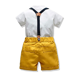 Moyikiss Studio Toddler Boys Clothes Short Sleeve Bowtie Shirt+Straps Shorts Outfits Suits Gentleman Tuxedos (Yellow, 80/12-18M)