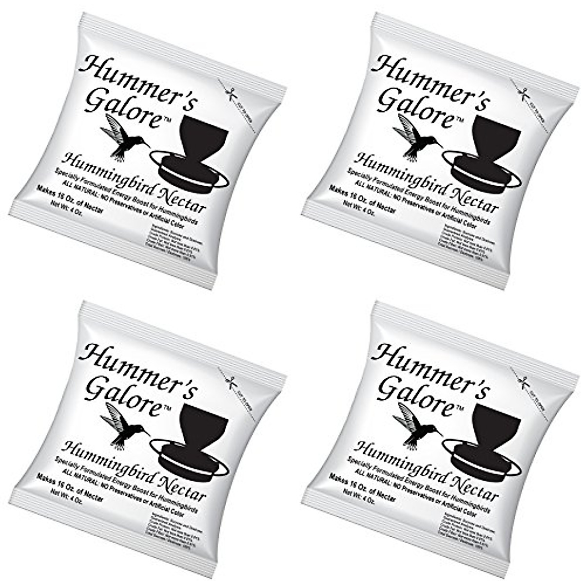 Hummer's Galore Hummingbird Food - Ready-to-Mix Hummingbird Nectar, All-Natural Nectar Collector Formula, 4 Packets, Makes 64 Ounces, No Preservatives or Dyes
