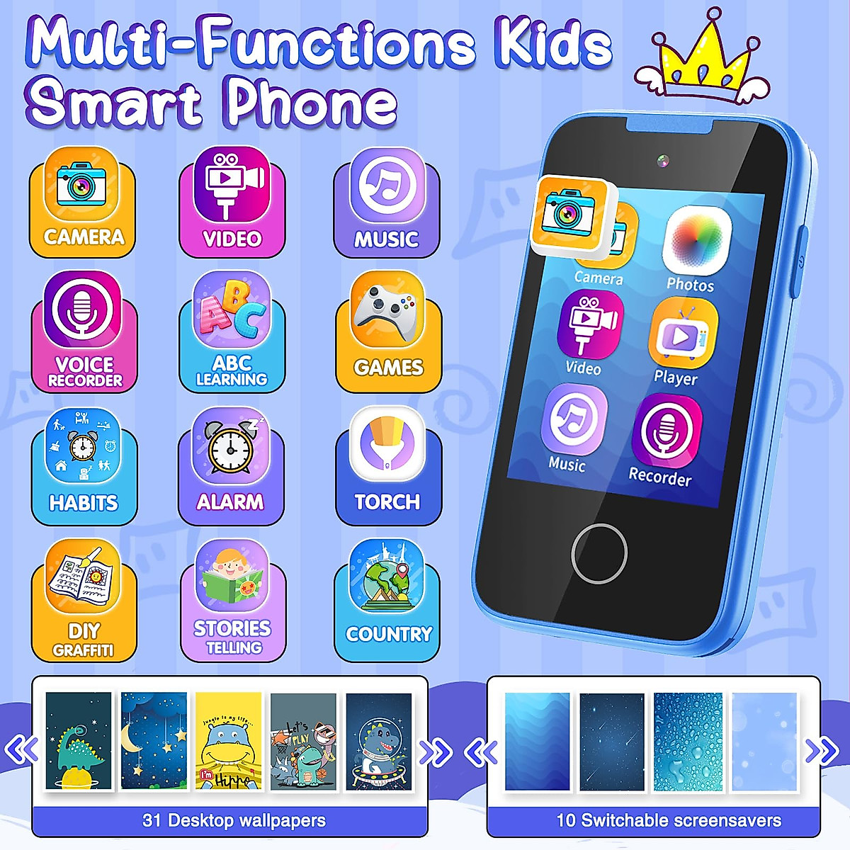 Kids Phone Toy for 3 4 5 6 Year Old, Touchscreen Kids Cell Phone Dual Camera with Music Player Flashlight Puzzle Games Alarm Learning Toys Christmas Birthday Gifts for Boys Ages 3-6 with SD Card Blue