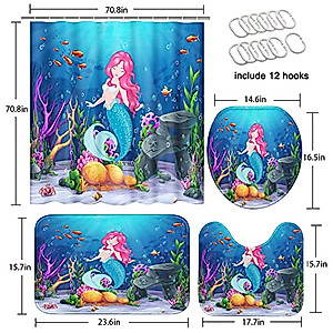 Mermaid Bathroom Sets with Shower Curtain and Rugs and Accessories, Kids Sea Shower Curtain Sets, Girl Princess Beauty Shower Curtains for The Bathroom, Ocean Underwater World Bathroom Decor 4 Pcs