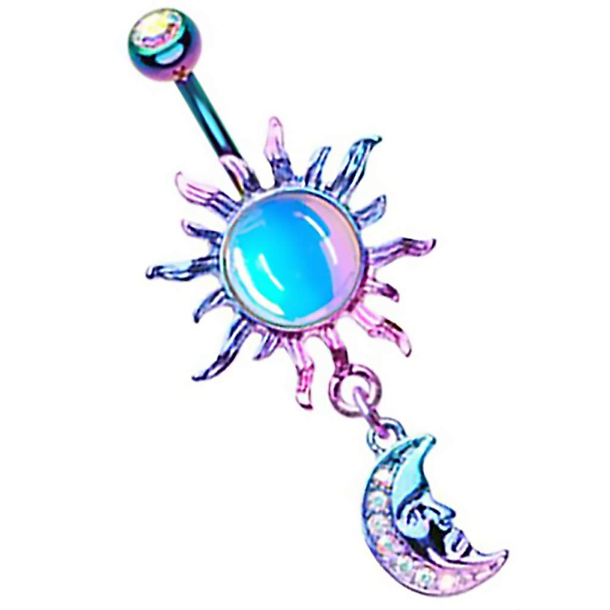 Body Accentz Belly Button Ring Navel Opal Celestial Sun Moon Dangle (Rainbow/Aurora Borealis) CH318