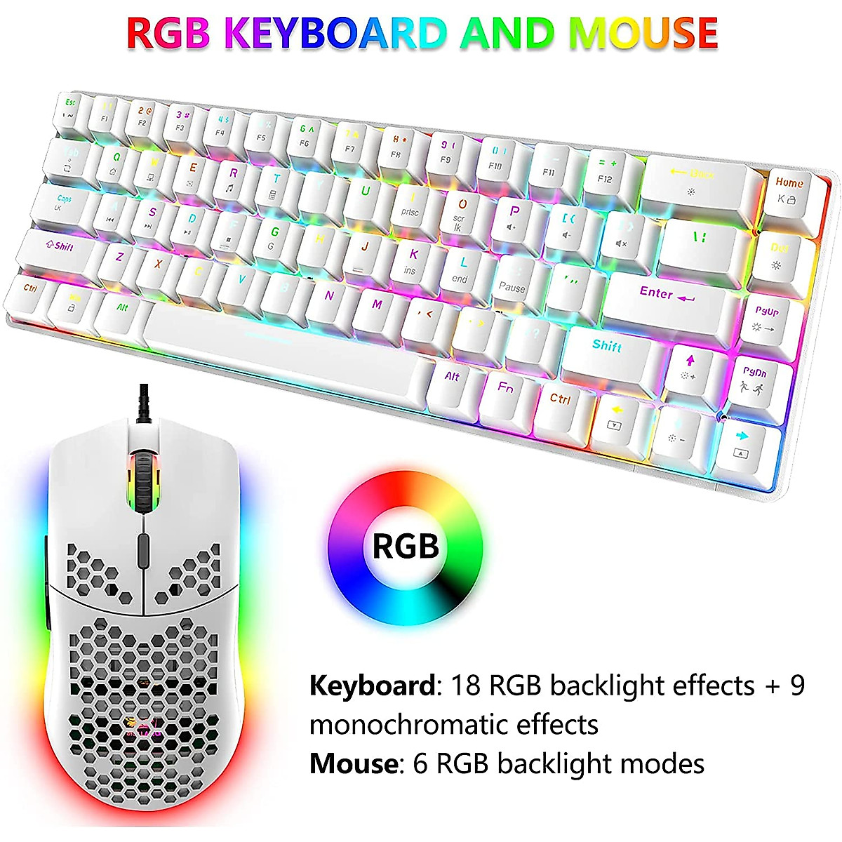 60% Mechanical Gaming Keyboard and Mouse Combo RGB Backlight Ultra-Compact Ergonomic Anti-ghosting 68 Keys 6400DPI Silent Honeycomb Mice Type-C Wired for Computer Mac Gamer