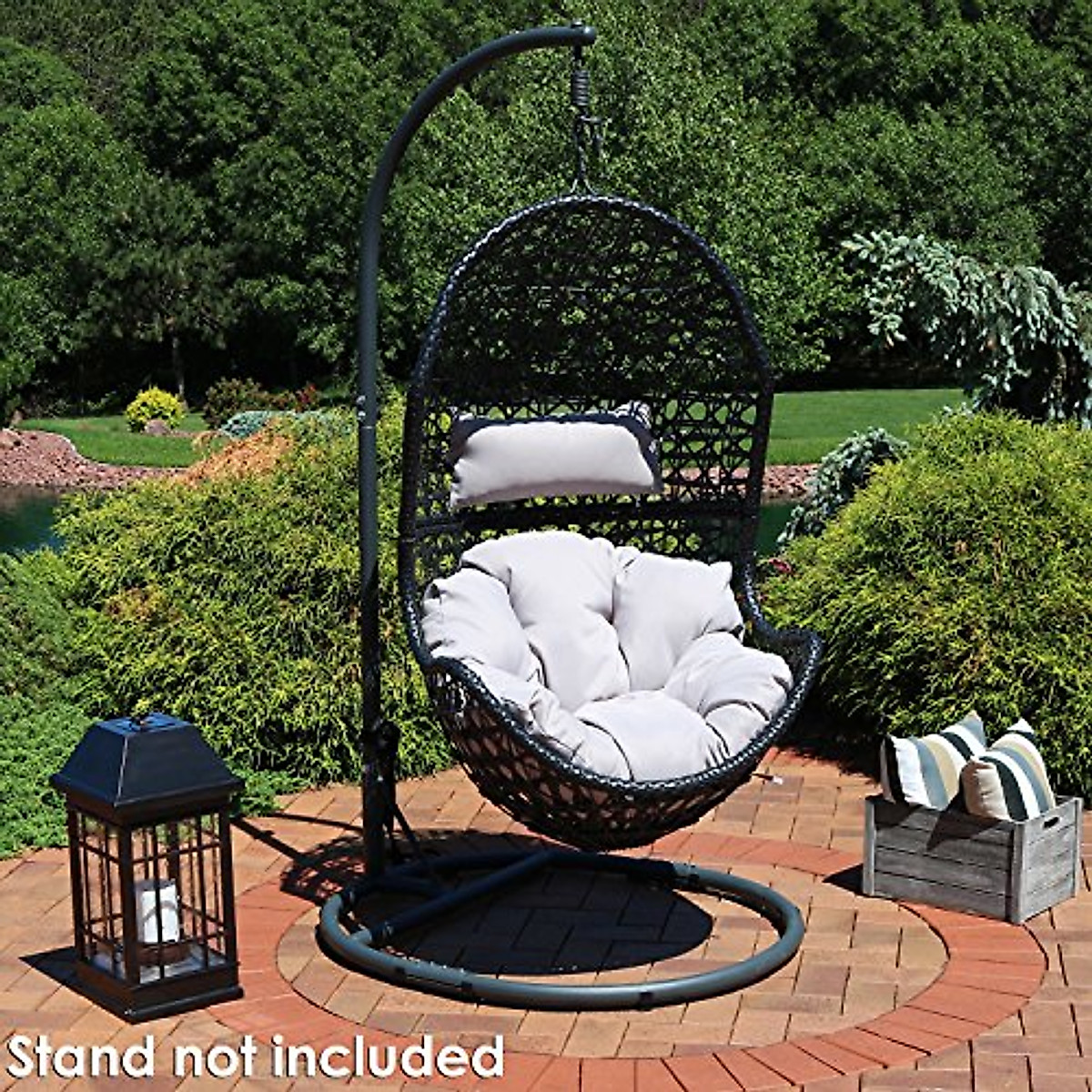 Sunnydaze Cordelia Hanging Egg Chair - Resin Wicker - Outdoor Large Basket Design Patio Lounge Chair - All-Weather Construction - Includes Gray Cushion and Headrest