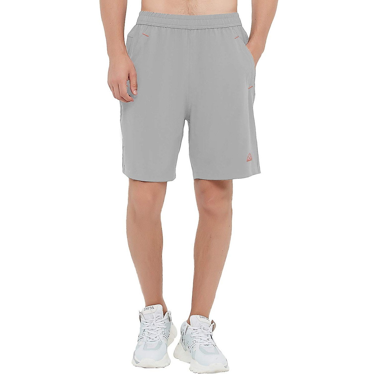 Rdruko Men's Hiking Running Shorts Quick Dry Athletic Performance Shorts Zip Pockets(Light Grey, US L)