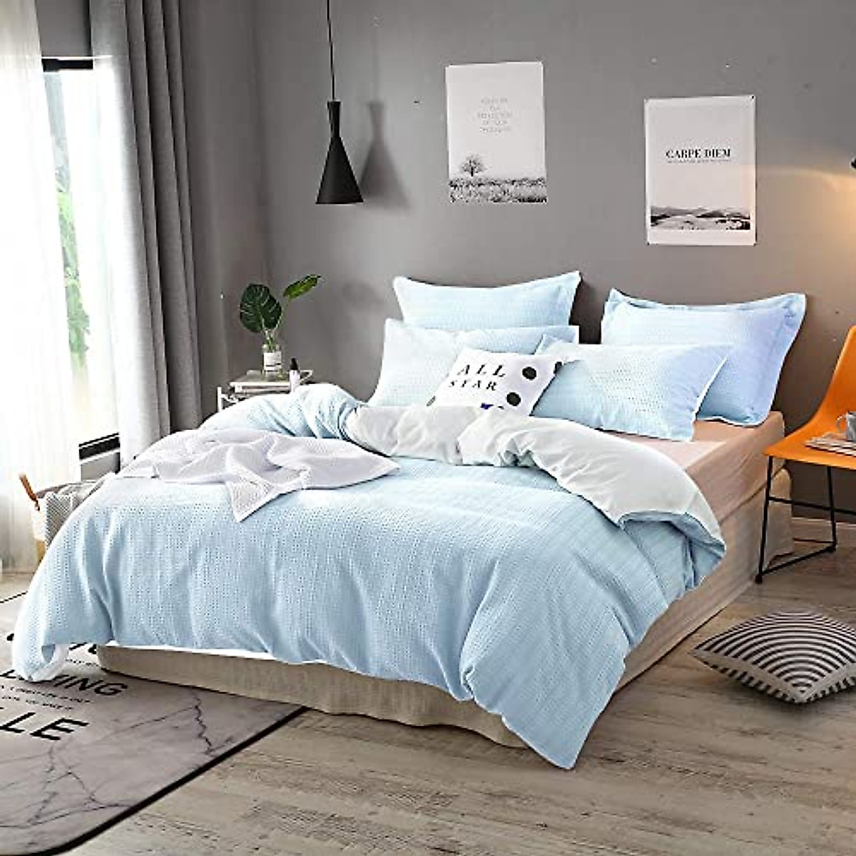 Amazon Brand – Pinzon Cotton Duvet Cover Set,100% Cotton Waffle Weave Duvet Cover Set,3 Pieces Textured Stripe Bedding Set for All Season - Light Blue King