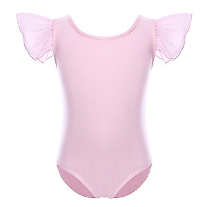 Gymnastics Leotards for Girls Toddler Ballet Leotard 4 Colors Ruffle Sleeve Kids Dance Leotards Crisscross Back Bodysuit High Elastic Ballerina Costume Crew Neck Biketards Outfit Pink 6-7 Years