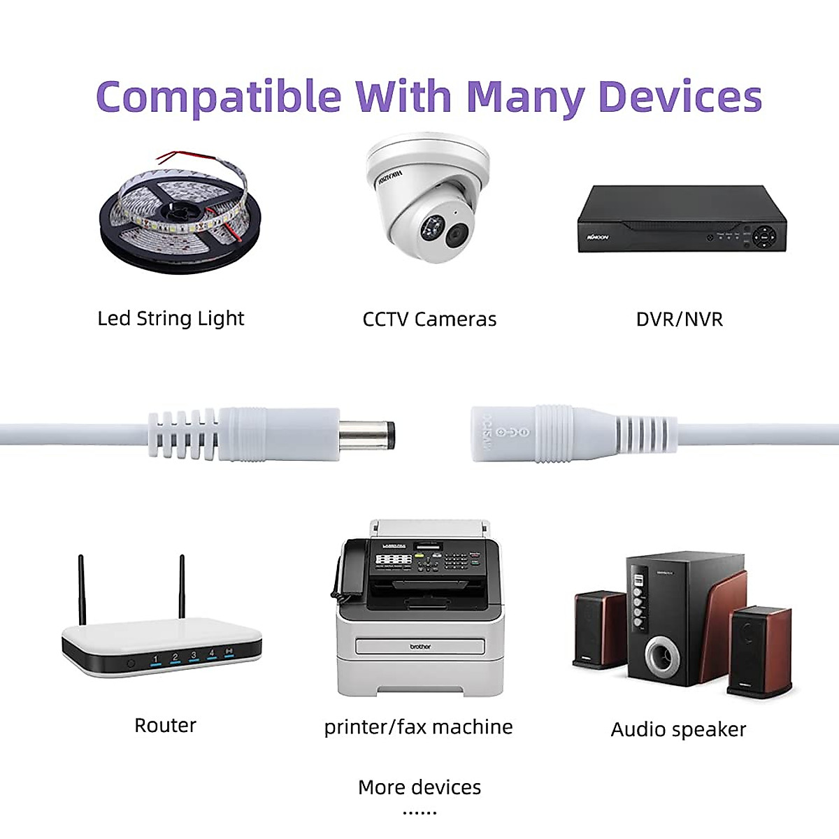 Power Extension 60ft Cable5.5mm x 2.1mm 12 Volt Male to Female Plug Cord for CCTV IP Security Cameras DVRs and More Devices White