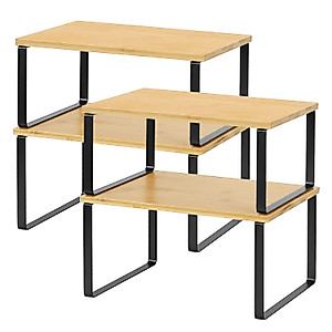 NEX Bamboo Kitchen Cabinet and Counter Shelf Organizer, Stackable & Expandable, Set of 4, Black and Natural