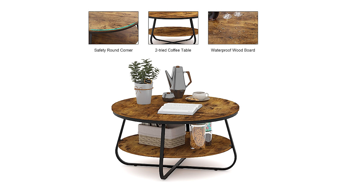 Elephance Round Industrial Wood Coffee Table with Storage