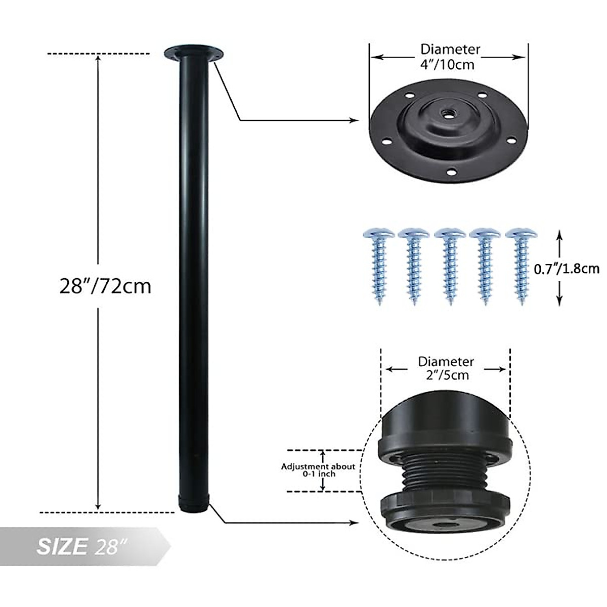 QLLY 28 inch Adjustable Metal Desk Legs, Office Table Furniture Leg Set, Set of 4 (Black)