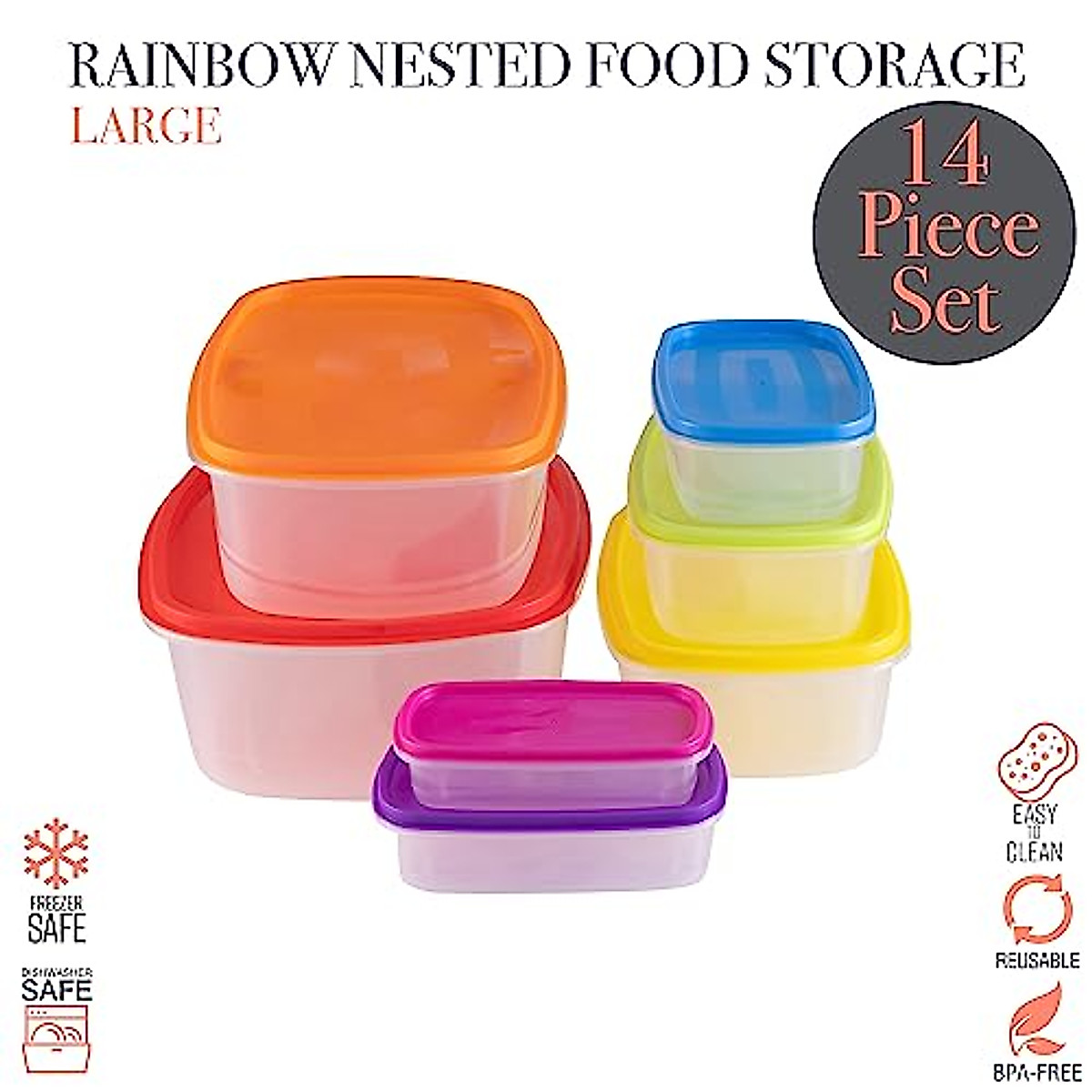 Kitchen Details 14 Piece Food Storage Container Set | Nested | 7 Containers and 7 Lids | Stackable | BPA Free | Dishwasher & Freezer Safe | 7 Sizes | Rainbow