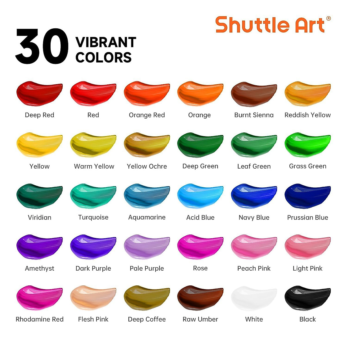 Shuttle Art 30 Colors Acrylic Paint Set, 36ml Tubes with 3 Brushes, Artist Grade Acrylic Paint, for Kids Adults Beginners, Painting on Crafts Canvas Wood Rocks