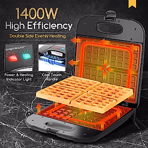 Aigostar Waffle Maker, 4-Slice Nonstick Waffle Iron, 1400W Square Waffle Machine with Indicator Lights for Hash Browns, Snacks, Breakfast & Lunch, Easy to Clean, PFOA Free, ETL Certificated, Black