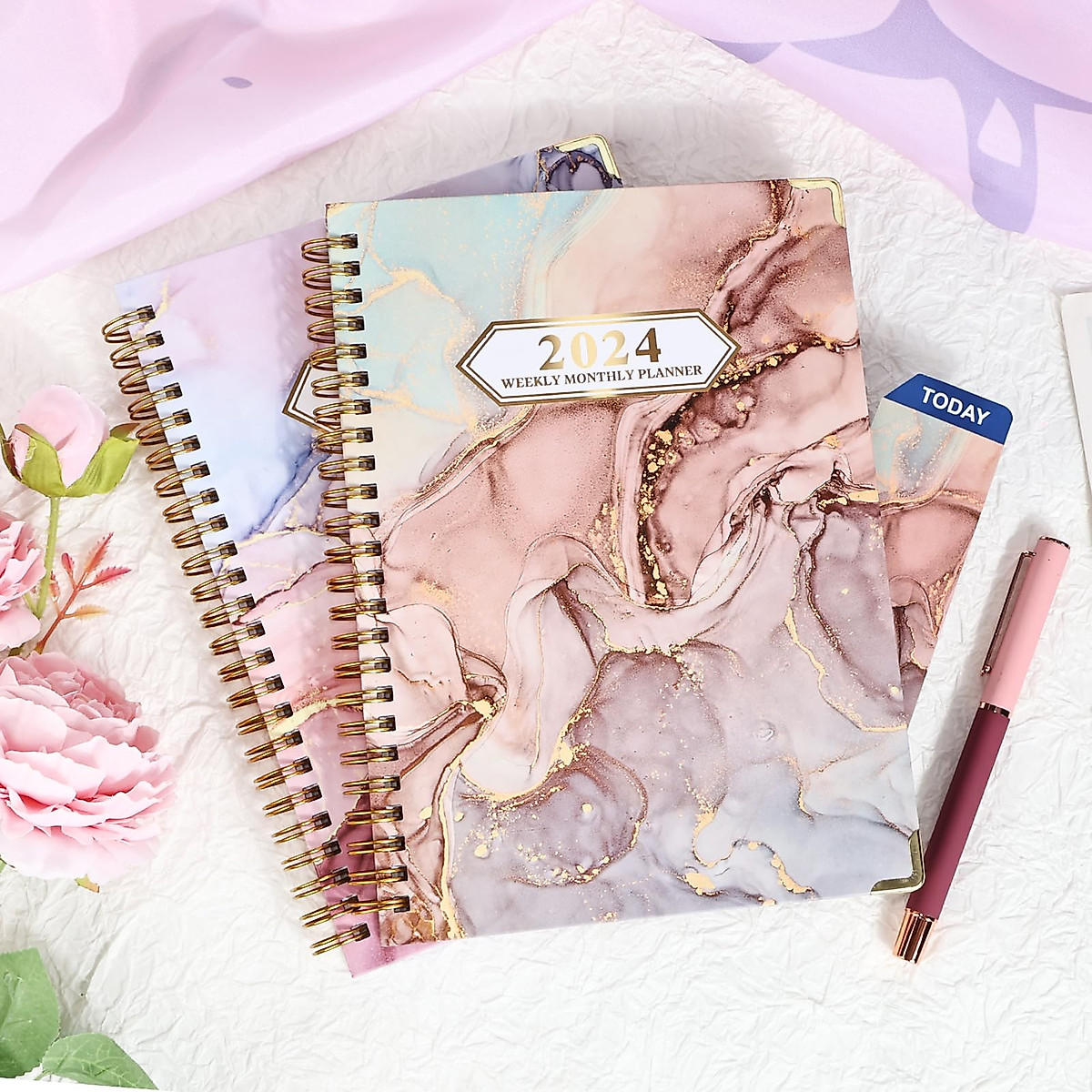 Knagsfa 2024 Monthly Planner, Jan 2024 - Dec 2024 Weekly Monthly Planner 6.5" x 8.5" with Page Tabs, Calendar Hardcover with Inner Pocket, Elastic Band, Twin-Wire Binding, Bookmark,Salmon Pink Marble