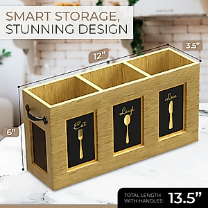 Bamboo Silverware Caddy, Cutlery Holder with Handle - 3 Compartment Utensil Holder and Easy to Clean Spoon Fork Knife Holder - Non-Slip utensil holder for kitchen counter and farmhouse kitchen décor