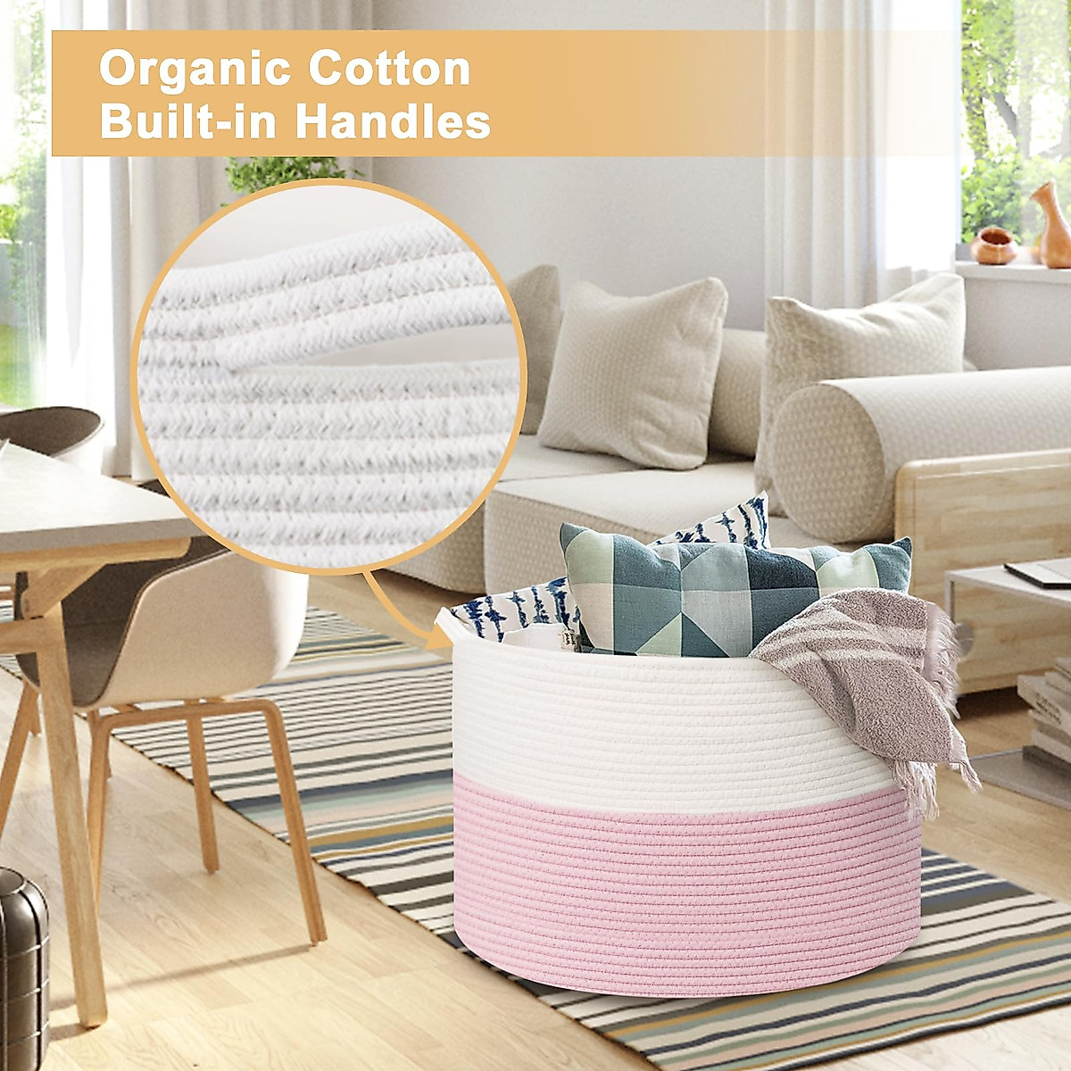 Comfymon Large Blanket Basket, 22" x 22" x 14" Woven Baby Laundry Blanket Basket Toy Basket with Handle, Kids Dog Toy Storage Baskets Organizer Bins, Blanket Storage for Living Room, Pink