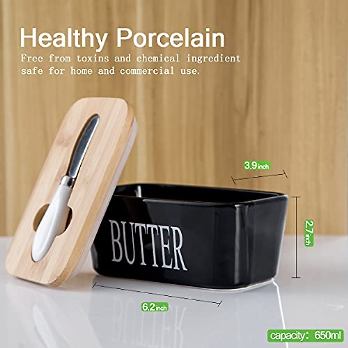Hasense Butter Dish with Bamboo Lid and Knife, Large Butter Keeper Container for Counter, Airtight Butter Holder with Cover for Kitchen,Black