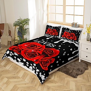 Erosebridal 3D Red Rose Comforter Cover Red and Black Bedding Set Queen Rose Flower Gifts for Her Women Men Couple Girlfriend Romantic Floral Duvet Cover Glitter Sequins Diamond Quilt Cover Zipper