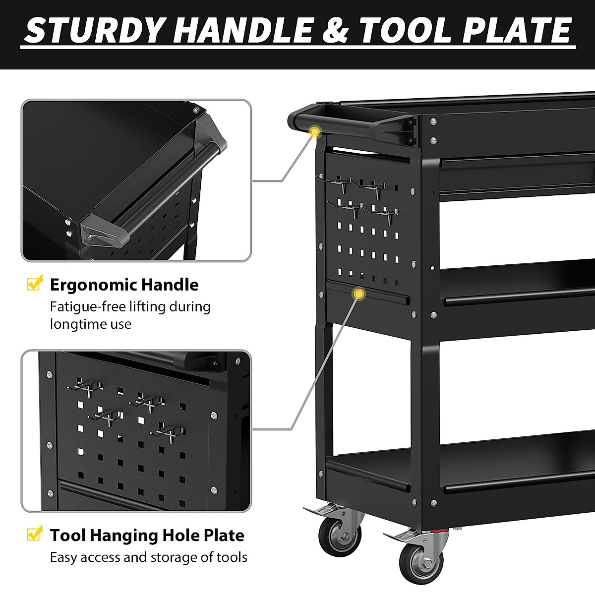 3 Tier Rolling Tool Cart, Tool Cart with Lockable Drawers and Universal Wheels, 500 LBS Capacity Service Utility Cart, Mechanic Tool Cart on Wheels for Garage, Warehouse, Repair Shop, Black