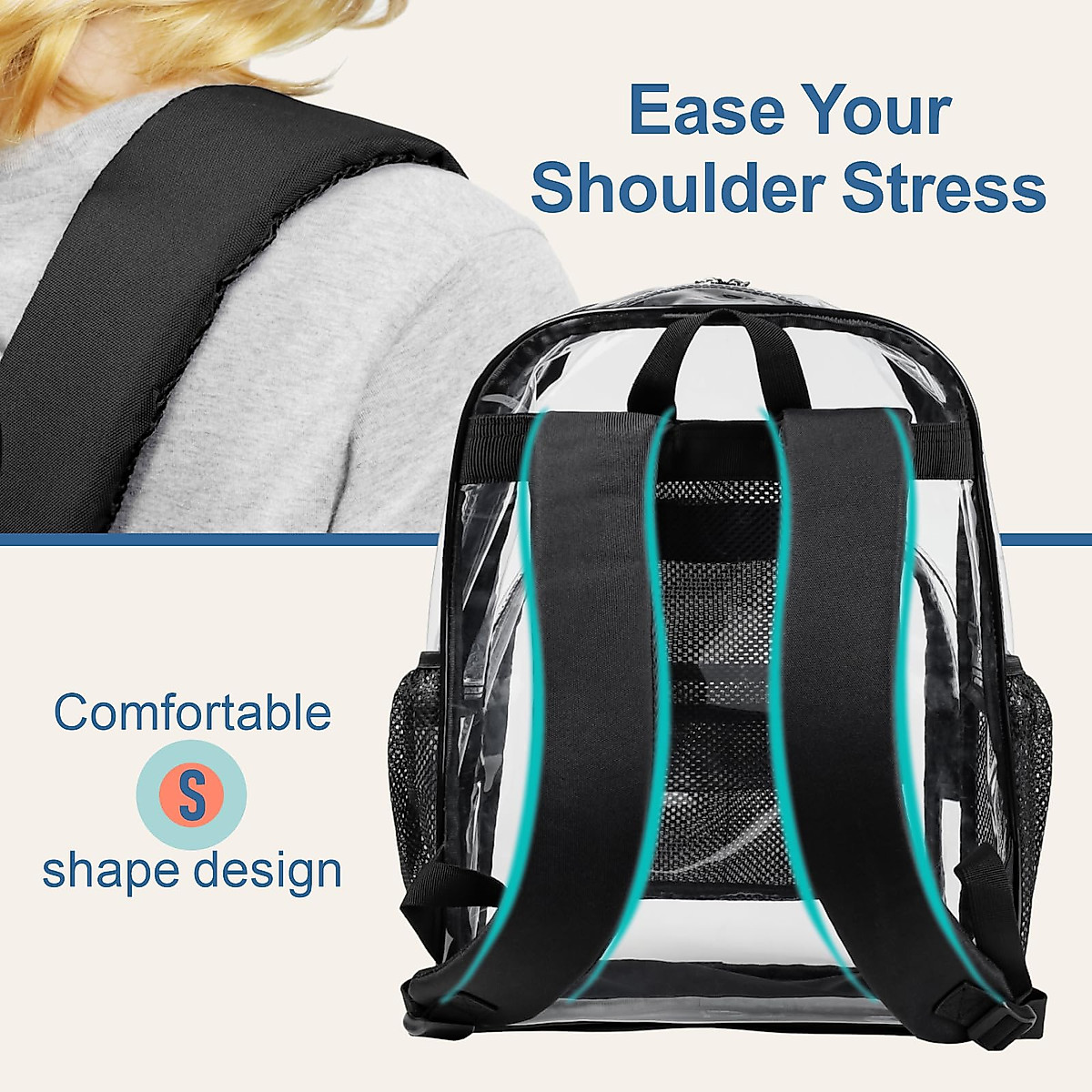 Cambond Clear Backpack, Heavy Duty Transparent Backpacks for Adults Reinforced Straps See-Through Bag for School and Work（Black）