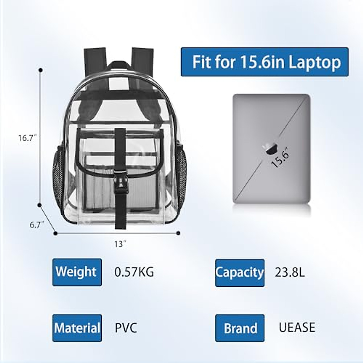 UEASE Clear Backpack for School Heavy Duty 17In Large Clear Bookbag Waterproof Transparent Backpack for Work College