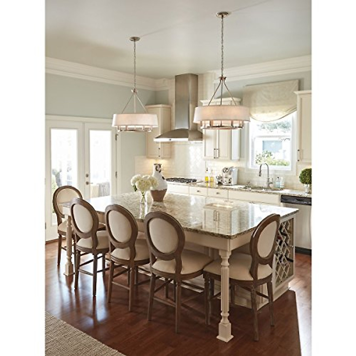 Cherish Collection 6-Light White Linen Shade Coastal Chandelier Light Brushed Nickel
