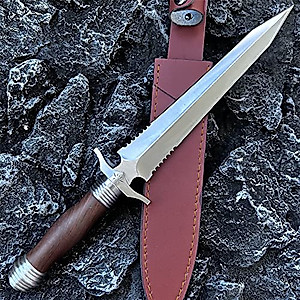 MADSABRE Fixed Blade Hunting Knife Saber with Leather Sheath, 15 Inches Outdoor Survival Tactical Knives, Double Edged Serrated Dagger Wood Handle