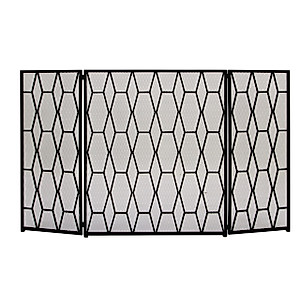 Deco 79 Metal Geometric Foldable Mesh Netting 3 Panel Fireplace Screen, 51" x 1" x 31", Black