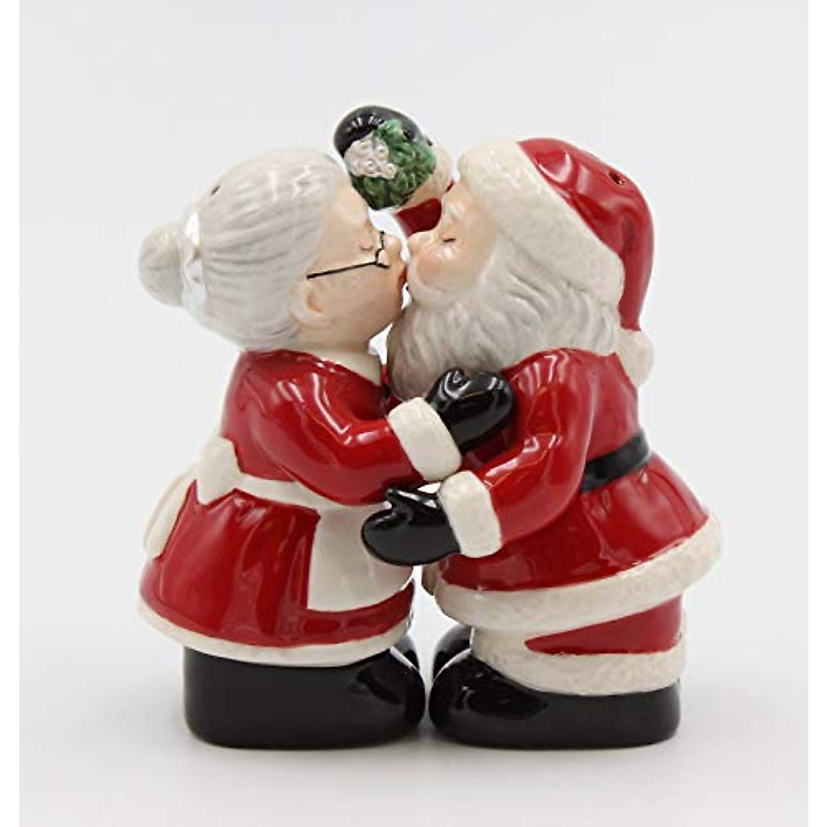 Fine Ceramic Kissing Santa & Mrs. Claus Under the Mistle Salt & Pepper Shakers Set, 3-3/8"