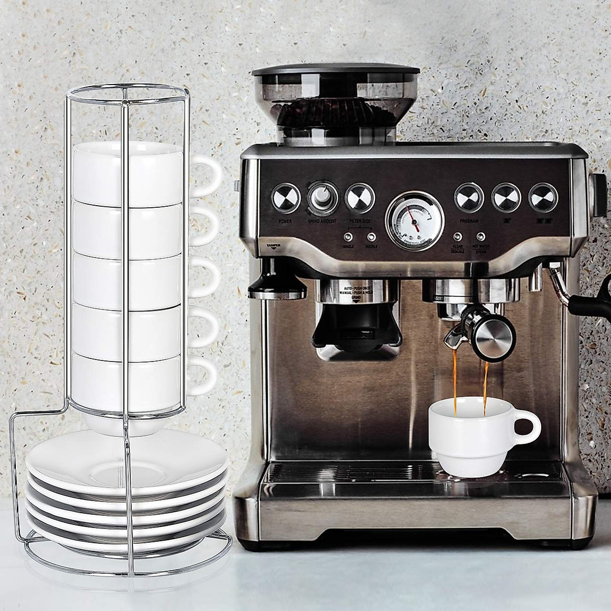 Lifecapido Espresso Cups and Saucers with Stand Rack, Porcelain Stackable Espresso Mugs, 2.5 Ounce Demitasse Cups Designed for Espresso, Latte, Cafe, Mocha - Set of 6 (White)