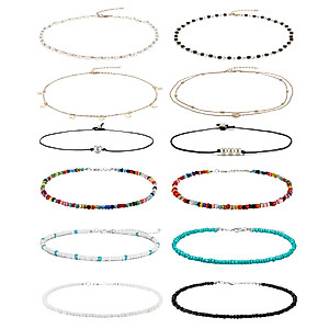 Wremily 4-12 Pieces Beaded Choker Necklaces for Women Boho Seed Bead Choker Set Hawaiian Handmade Turquoise Beach Beads Necklace Chain Jewelry