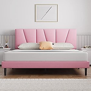 Molblly Full Bed Frame Upholstered Flannel Platform, Headboard and Sturdy Wood Strip, Strong Weight Capability, Non-Slip and Noise Free, No Box Spring Required, Easy to Assemble, Pink Full Bed