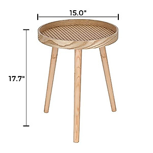 Small Side Table, Rattan Nightstand, Round End Boho Bedside Accent Mid-Century Modern Bed Tables for Living Room Bedroom Office Balcony(Natural Walnut)