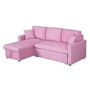 GLANZEND L-Shape Reversible Linen Sleeper Sectional Sofa with Storage Chaise, Corner Convertible Couch w/ 2 Throw Pillows for Living Room, Small Apartment, Dorm, Pink, 57 Inch