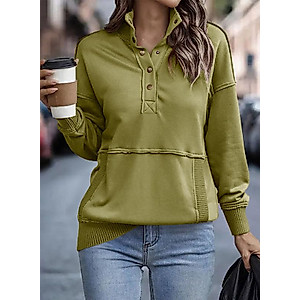 SHEWIN Sweatshirt For Women Loose Fit Casual Button V Neck Solid Lightweight Pullover Sweatshirts Long Sleeve Fall Tops with Pocket,US 8-10(M),Pickle Green
