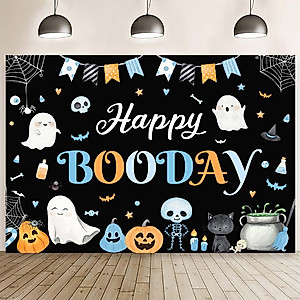 MEHOFOND 7x5ft Halloween Birthday Party Backdrop Black Happy Booday Photography Background Cute Ghost Pumpkin Skull for Girls Boys Birthday Party Decorations Cake Table Banner Photo Studio Supplies