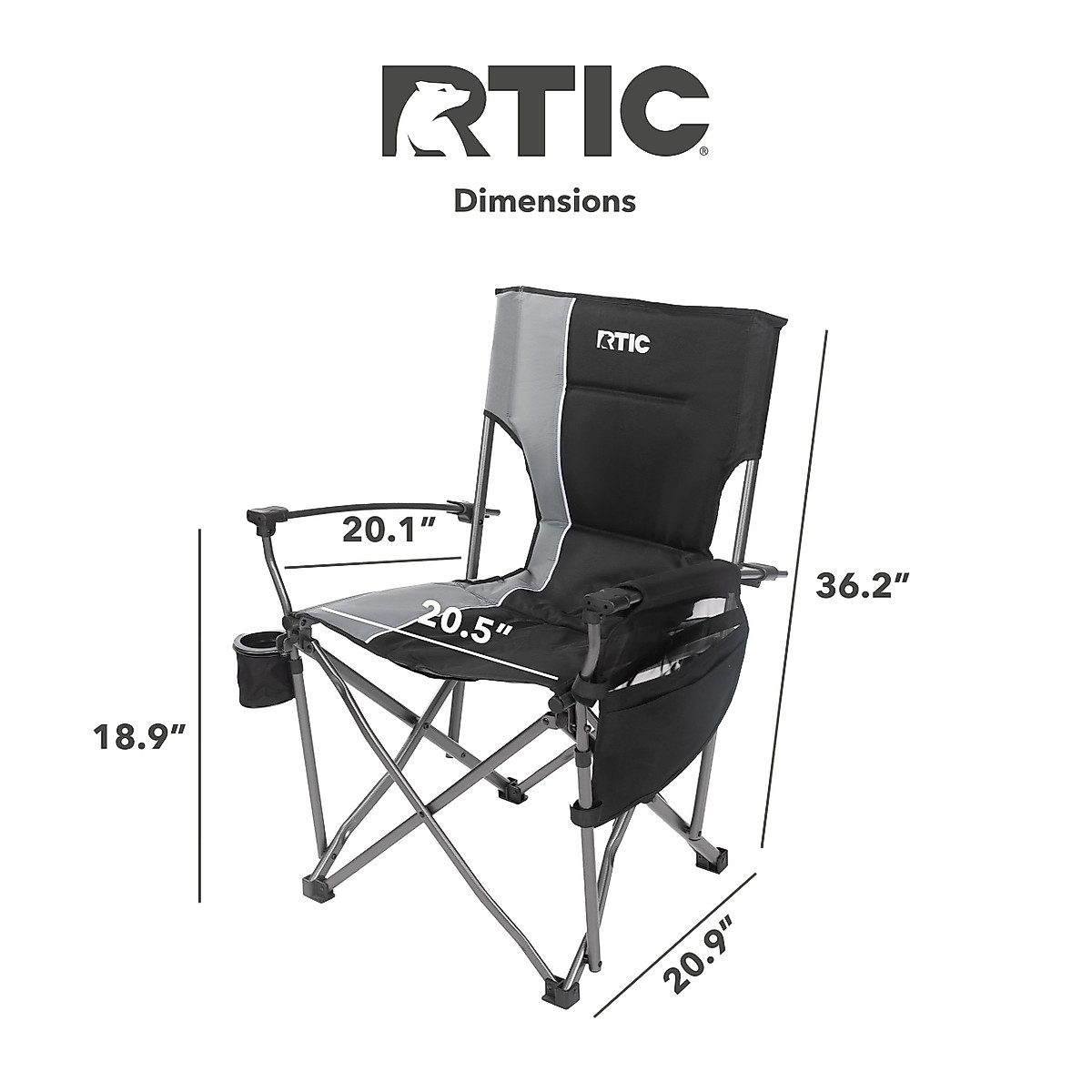 RTIC Ultra-Tough Chair Portable Folding for Camping, Outdoor, Fishing, Beach, with Arm Rest and Cup Holder, Folds Quickly for Easy Storage in a Carry Bag, Black