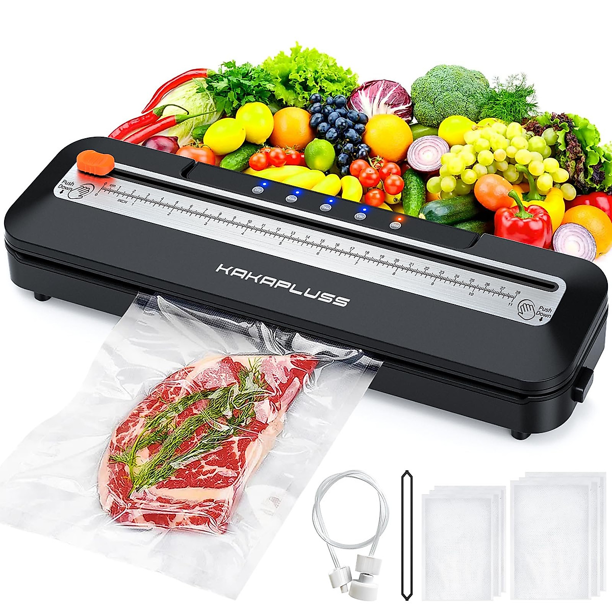 Vacuum Sealer, Automatic Food Sealer Machine, Dry/Moist Sealer, Built-in Cutter, with 15 Sealing Bags & Air Suction Hose & Extra Gasket, for Bags, Jars and Containers Food Fresh and Storage, Black
