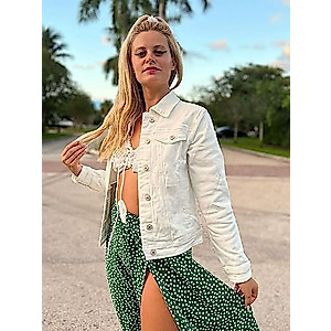 luvamia Women's Casual Denim Jacket Stretch Long Sleeve Button Down Basic Jean Trucker Jacket White Size Medium