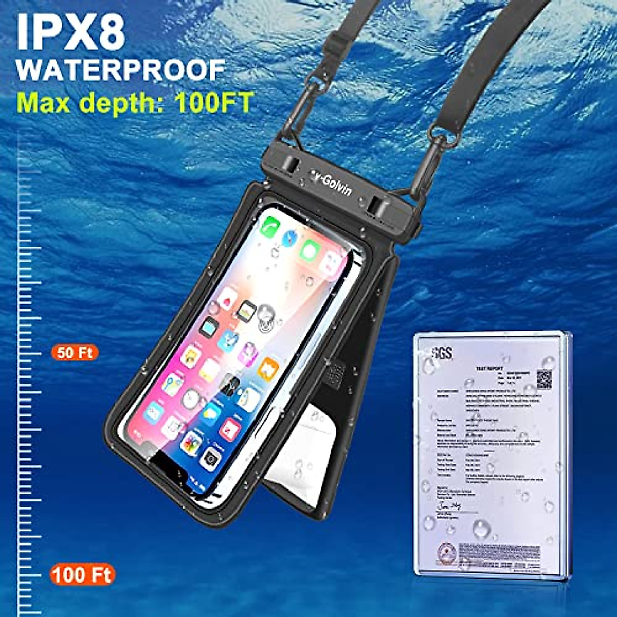 v-Golvin Waterproof Phone Pouch, 2 in 1 IPX8 Cellphone Dry Bag Waterproof Case for iPhone 14 13 12 11 Pro Max SE 2020 XS Max XR X 8 7 6s Plus S22 S10 S20 S21 Ultra Note 20/10 Up to 7 inches, Black