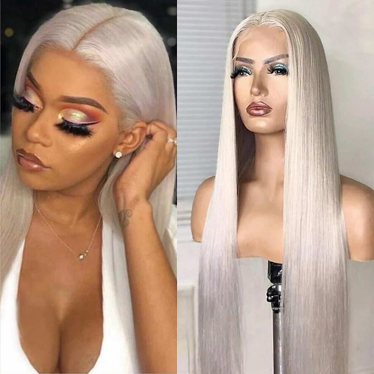 Missyvan White Hair Color 13 * 4 Lace Front Wig Glueless Long Straight Hair Wigs Platinum White Heat Resistant Fiber Hair Synthetic Lace Front Wigs for Fashion Women 28Inches