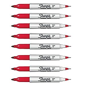 Sharpie 32202 Twin Tip Permanent Marker, Fine and Ultra Fine Tip, Red Color, Quick-drying Ink, Fade and Water Resistant, AP Certified, Pack of 8
