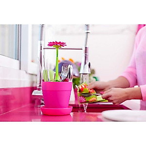 Vigar Flower Power Cutlery Drainer, Four-compartment Flatware Organizer, Flower-pot Design, Pink